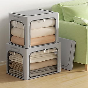 3Pack Clothes Storage Bins - Oxford Frame Storage Box Foldable Stackable Storage Organizer with 3 Openings Design, Metal Frame, Clear Window, Carry Handles (36L-15.7 * 11.8 * 11.8in, Grey)