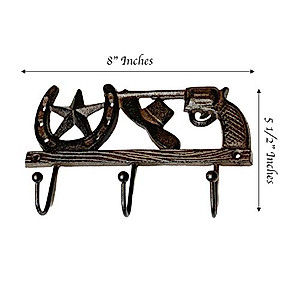 Urbalabs Western Cast Iron Rustic Country Wall Hooks Coat or Key Holder Wall Hook Mounted Decorative for Hats, Coats, Keys, Towels, Mudroom, Entryway, Mancave Bronze (Western 6 Shooter Star and Hat)