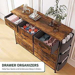 10 Drawers Fabric Dresser Storage Drawers, Tall Dresser with Sturdy Frame&Wooden Top, Organizer Unit for Closet, Living Room, Entryway, Hallway, Rustic Brown