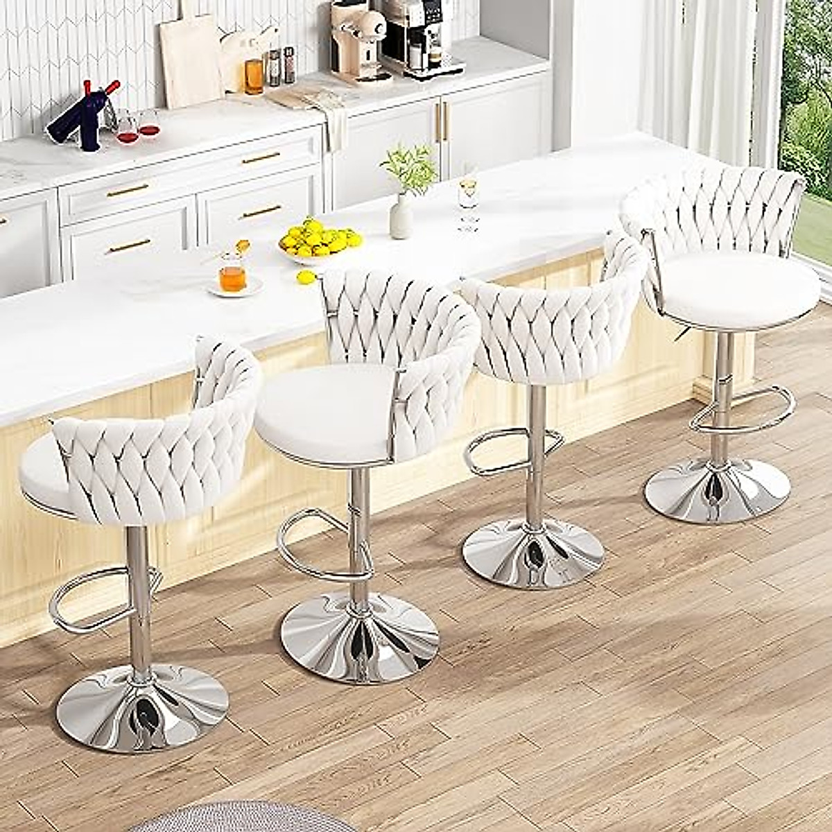 AWQM Velvet Bar Stool Set of 4,Counter Height Barstools Adjustable Kitchen Island Chairs,Swivel Bar Stools Upholstered Bar Chairs Counter Stool Armless Chairs with Back & Footrest, Beige