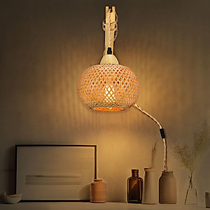 Plug in Wall Sconce, Bamboo Rattan Wall Sconce Decor, Farmhouse Wall Sconce Plug In, Wicker Wall Lamp with Plug in Cord, Hand Woven Boho Sconces Wall Light for Bedroom Living Room