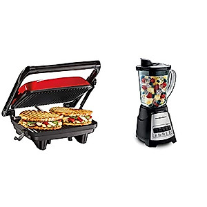 Hamilton Beach Electric Panini Press Grill, Opens 180 Degrees, Red & 58148A Blender to Puree - Crush Ice - and Make Shakes and Smoothies - 40 Oz Glass Jar - 12 Functions - Black and Stainless