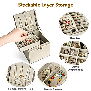 INMORVEN Small Jewelry Box Organizer, 3 Layer Velvet Travel Jewelry Case, Jewelry Box Organizer for Women Girls, Earring Organizer Ring Box, Jewelry Storage for Necklace Bracelets (Gray)