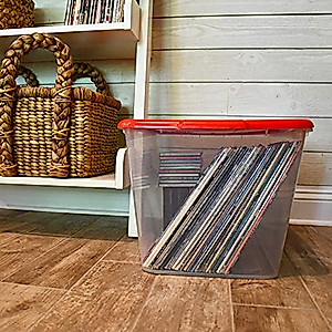 SIMPLYKLEEN 14.5-gal. Durable Stacking Plastic Storage Containers with Lids, Red/Clear (Pack of 4)