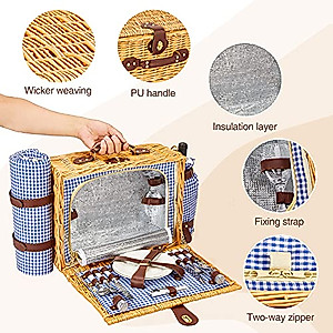 Greenstell Wicker Picnic Basket Sets for 2 Persons with High Sealing Insulation Layer,Waterproof Picnic Mat, Removable Strap and Wine Bag, Tableware, Picnic Basket for Family,Party,Outdoor,Camping