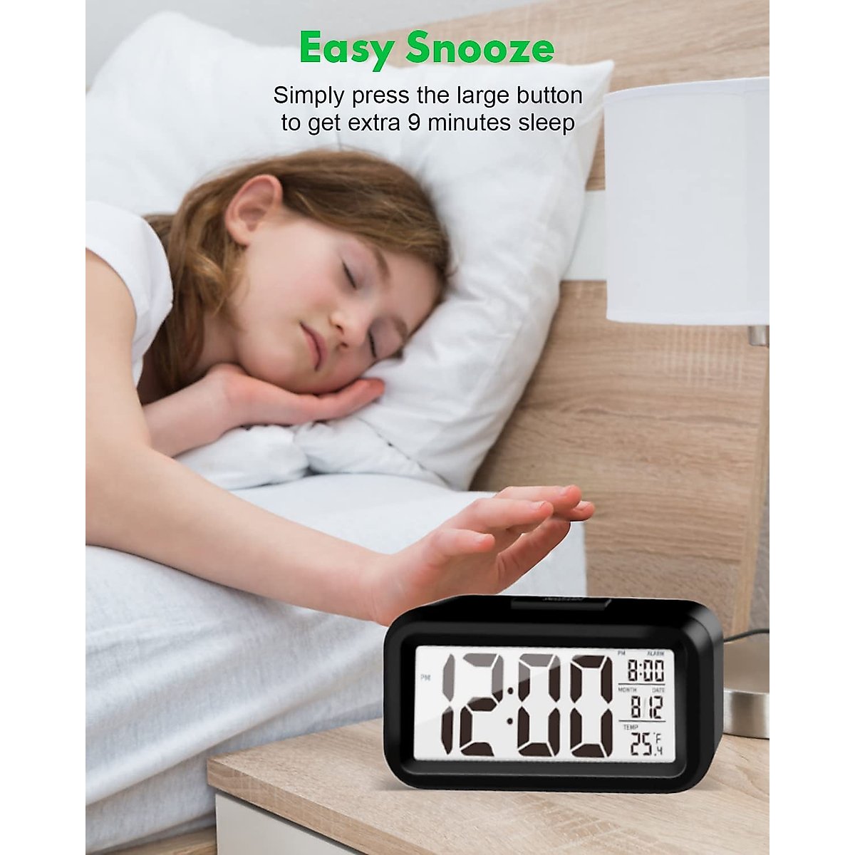 KAIJIELY Upgraded Digital Alarm Clock, 4.3" LED Display with Temperature Larger Lound Light Control Portable Snooze Calendar Brightness with Battery Powered Alarm Clocks Bedside for Everyone (Black)