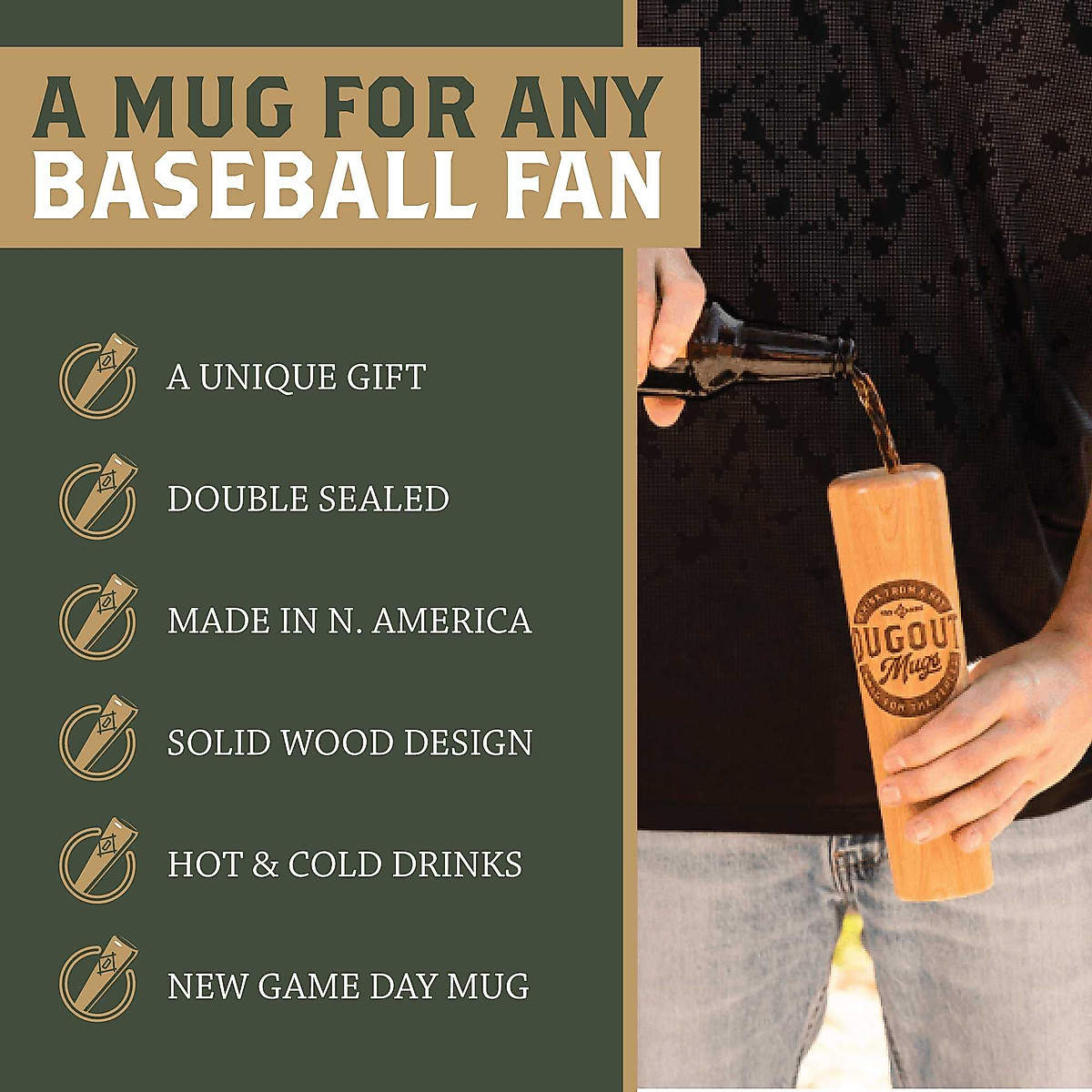 DUGOUT MUGS: Baseball Bat Drinking Mug with Engraving - 12 oz. (3x3x10 inches) - Double Sealed, Solid Wood - For Hot and Cold Drinks - Proudly Made in the USA