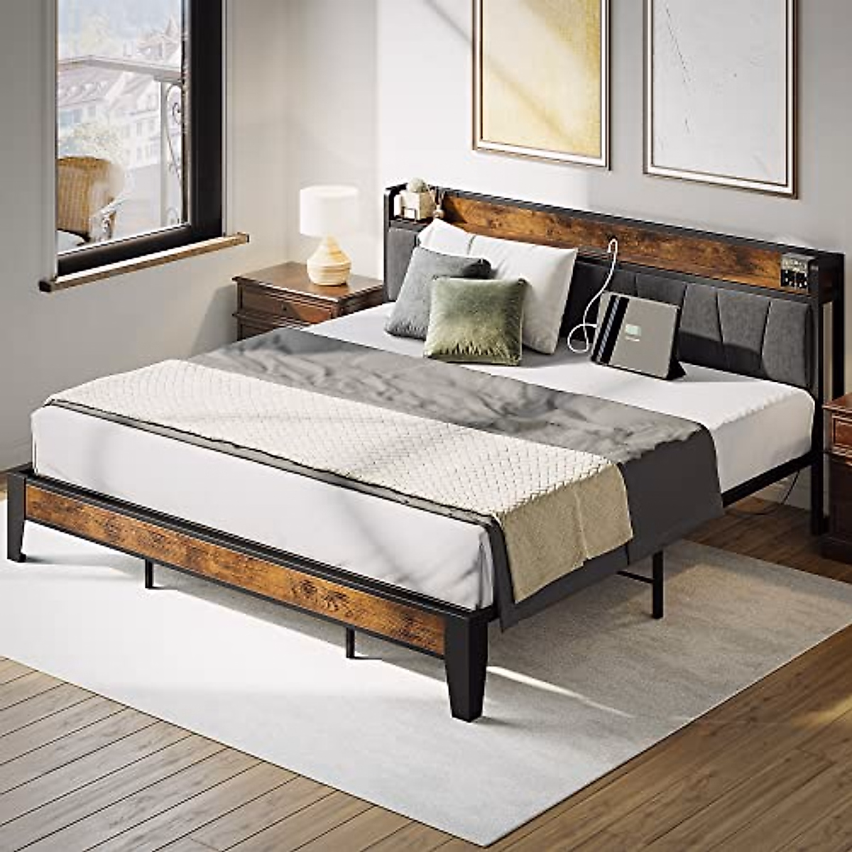 LIKIMIO King Size Bed Frame, Storage Headboard with Charging Station, Solid and Stable, Noise Free, No Box Spring Needed, Easy Assembly