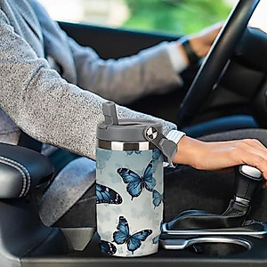 STVNKML 30 Oz Tumbler with Handle And Straw, Blue Butterfly Leakproof Stainless Steel Water Bottle for Hot & Cold Drinks 24 Hours, Car Cup Holder Friendly, Travel Mug for Home, Office, Gym