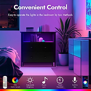 Tykacna 27 Inch Wide Night Stand, Large Wooden Night Stand with 2 Drawer, LED Nightstand with Charging Station and Adjustable Drawer, Bedside Table for Living Room/Bedroom/Study/Office, Black.