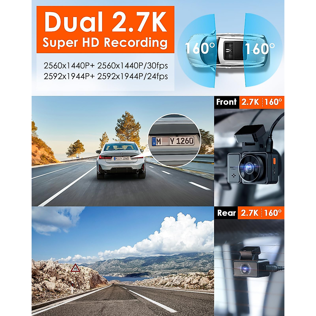 [ Bundle-4 Items: Vantrue E2 2.7K Dash Cam + Vantrue 512GB SD Card + Hardwire Kit+CPL ] 2.7K + 2.7K Dash Cam Front and Rear, Buffered Parking Mode, Night Vision, GPS, Voice Control