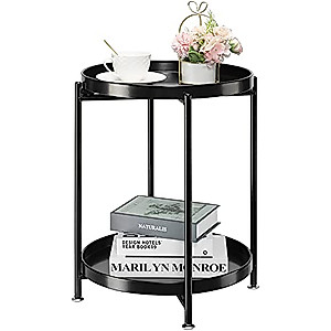 danpinera 2-Tier Round Side Table, Metal End Table with Removable Tray, Small Outdoor Table Folding Accent Table, Anti-Rust Black Nightstand for Bedroom Balcony Patio (Black)