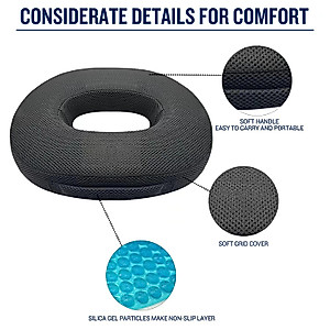 Donut Pillow Gel Seat Cushion Non-Slip Orthopedic Gel & Memory Foam Coccyx Cushion for Tailbone Pain - Office Chair Car Seat Cushion - Sciatica & Back Pain Relief （Black） (Black)