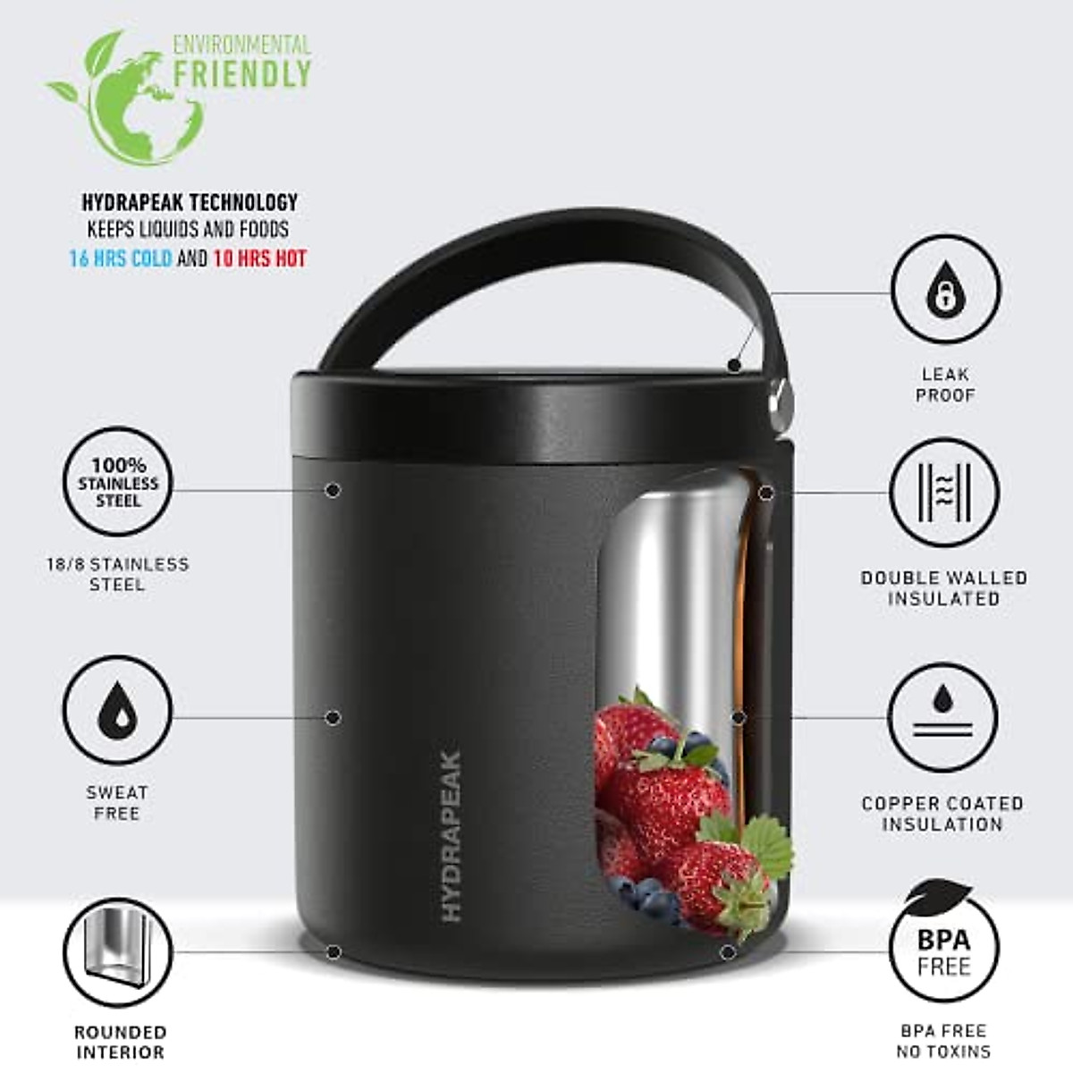 Hydrapeak 25oz Stainless Steel Vacuum Insulated Thermos Food Jar | Kids Thermos for Hot Food and Cold Food, Wide Mouth Leak-Proof Soup Thermos for Adults, 10 Hours Hot / 16 Hours Cold (Black)