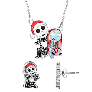 Disney The Nightmare Before Christmas Womens Stud Earrings and Necklace Set - Jack and Sally Necklace - Jack Skellington Stud Earrings