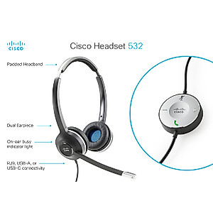CISCO Headset 532, Wired Dual On-Ear Quick Disconnect Headset with USB-C Adapter, Charcoal, 2-Year Limited Liability Warranty (CP-HS-W-532-USBC)