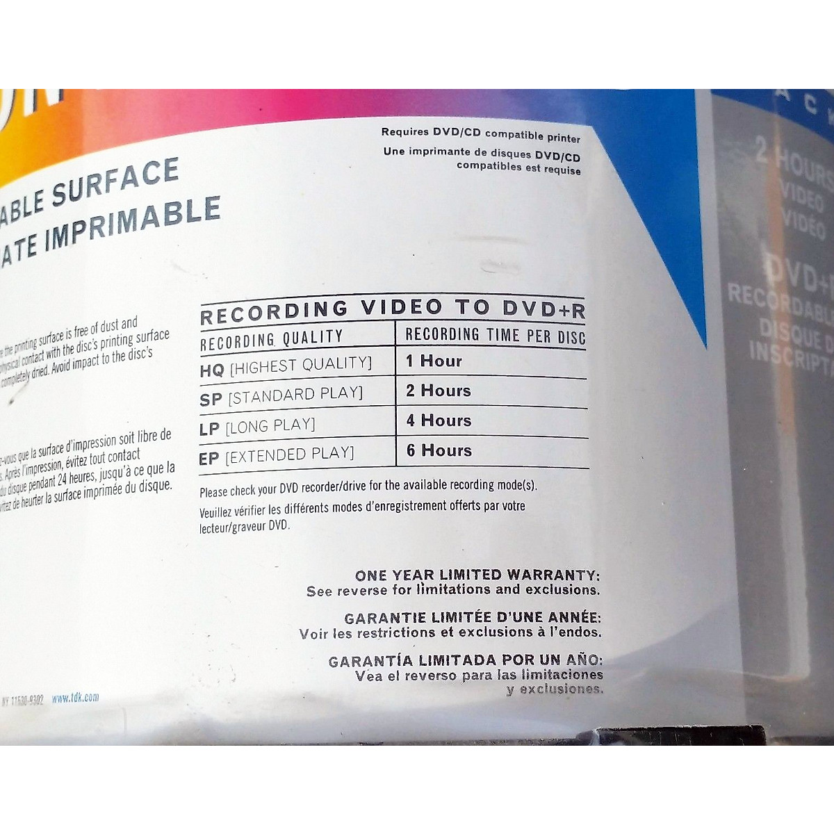 100 on spindle pack TDK Print On DVD R 8x 4.7 GB single sided white matte