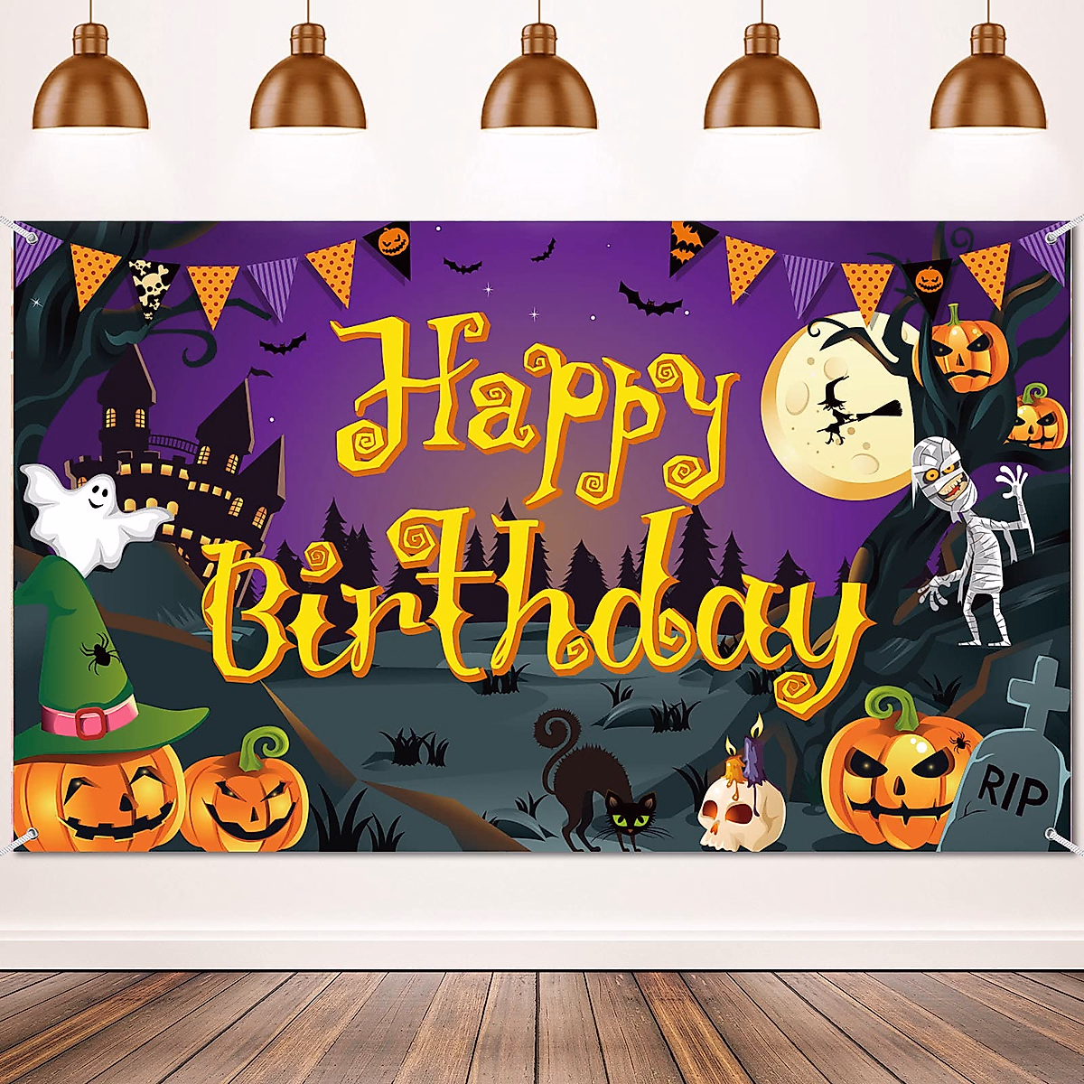 Happy Birthday Halloween Backdrop Halloween Birthday Party Background Pumpkin Ghost Spooky Castle Photography Background Halloween Party Photo Booth Banner Large Birthday Backdrops Decor, 6 x 3.6 ft