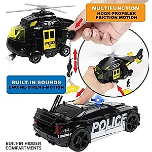 TeganPlay Emergency Vehicles Toy Set [4 Pack] | Ambulance, Fire Engine Truck, Rescue Helicopter, Police Car Toys for Boys | Friction Powered with Realistic Lights and Sounds