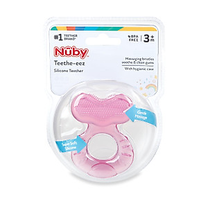 Nuby Silicone Teethe-eez Teether with Bristles, Includes Hygienic Case, Pink