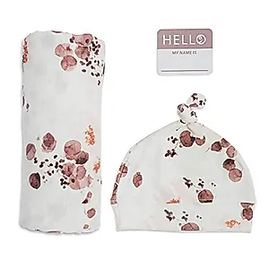 lulujo Birth Announcement Hat & Swaddle Blanket Set| Unisex Softest Bamboo Muslin Baby Swaddle Blanket| Neutral Receiving Blanket | 47in x 47in| Bamboo Knot Hat | Hello! Birth Announcement Sticker