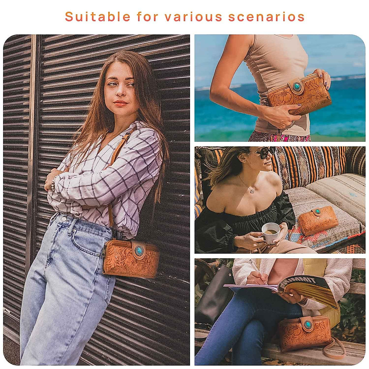 LAVAWA Women's Crossbody Handbag Small Vintage, Ladies Wallet Western Adjustable Phone Purse Clutch Turquoise Concho Embossed