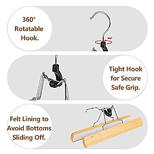 AMKUFO 12 Pack Natural Wooden Pants Hangers with Clips Non Slip Skirt Hangers Trouser Clamp Hanger Solid Wood Hanger with 360° Swivel Hook
