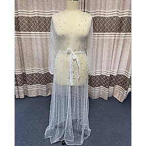 Pearl Long Sleeve Wedding Jacket Tulle Party Shawl BOLERO Floor-Length Bridal Cape Sexy pearl robe(white,M)