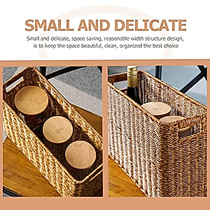 Zerodeko Imitation Rattan Hand Woven Magazine Basket, with Handles, Plastic Storage Basket Magazine Wicker Basket Hollow Handle Basket Desktop Magazine Holder