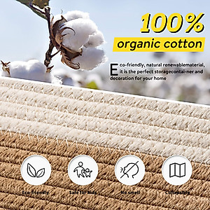 Extra Large Cotton Rope Basket KRUIO Collapsible Woven Laundry Basket with Handles for Laundry, Nursery, Toys, Towels, Blankets and Pillows Even More, Rope Storage Basket(20”x13”, Beige/Hemp Yellow)