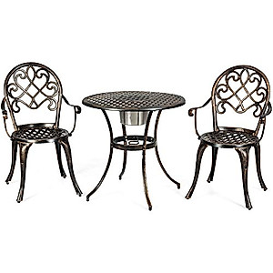 Giantex 3pcs Bistro Table Set Cast Aluminum Outdoor Patio Furniture Set Round Table W/Removable Ice Bucket, 2 Chairs Antique Garden Furniture Weather Resistant (Antique Bronze)