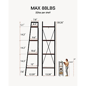 Pipishell Ladder Shelf Bookcase, 4 Tier Bookshelf, Freestanding Plant Flower Stand, Multipurpose Organizer Rack for Home/Office/Living Room/Balcony/Bedroom/Kitchen, Red Brown