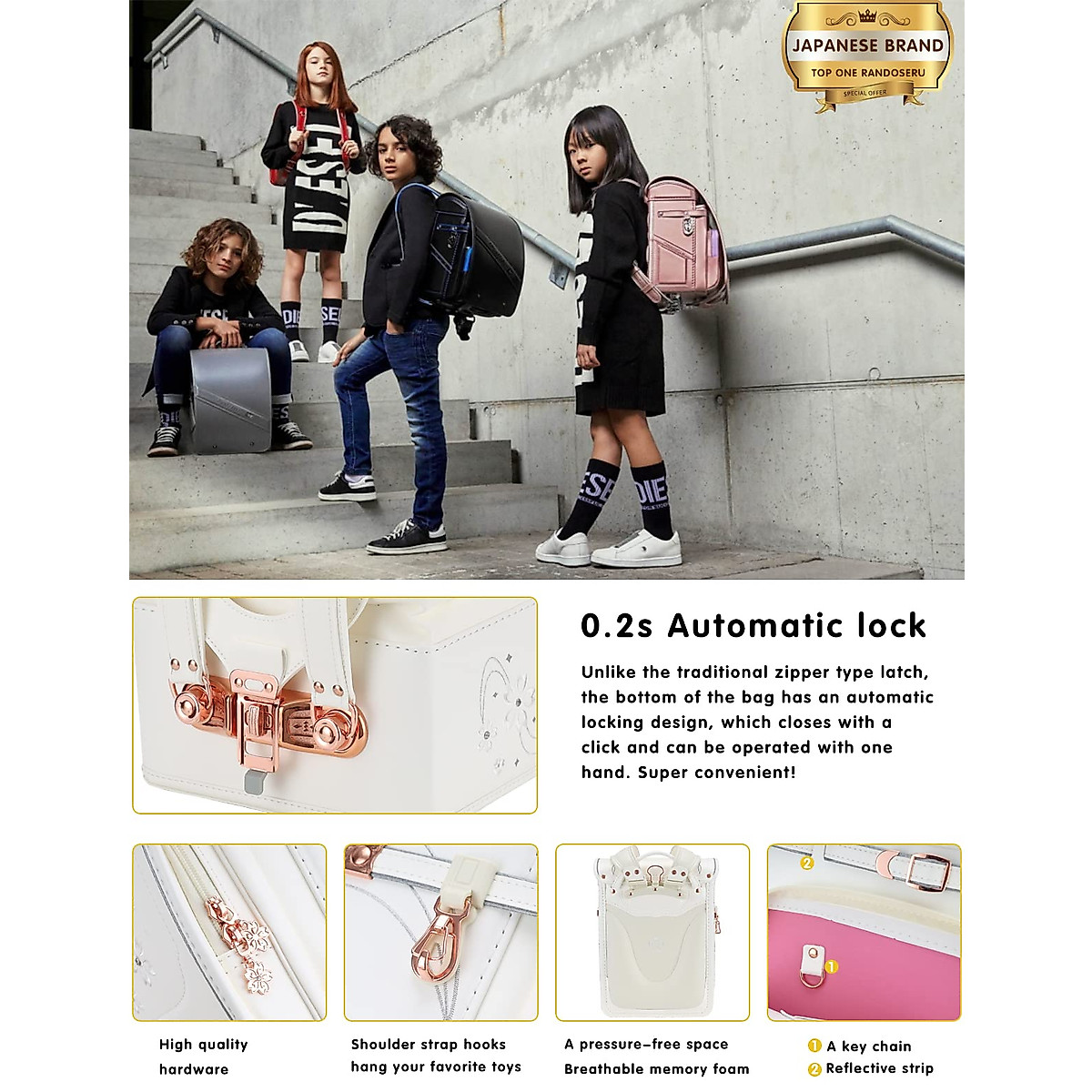 IwaiLoft Ransel Randoseru Backpack Automatic Satchel Japanese School Bag Cherry Blossom Sakura Embroidery PU Bookbag (Green)