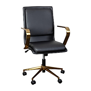 BizChair Mid-Back Designer Executive Office Chair - Black LeatherSoft Upholstery - Brushed Gold Base and Arms - Height Adjustable 360° Swivel Seat