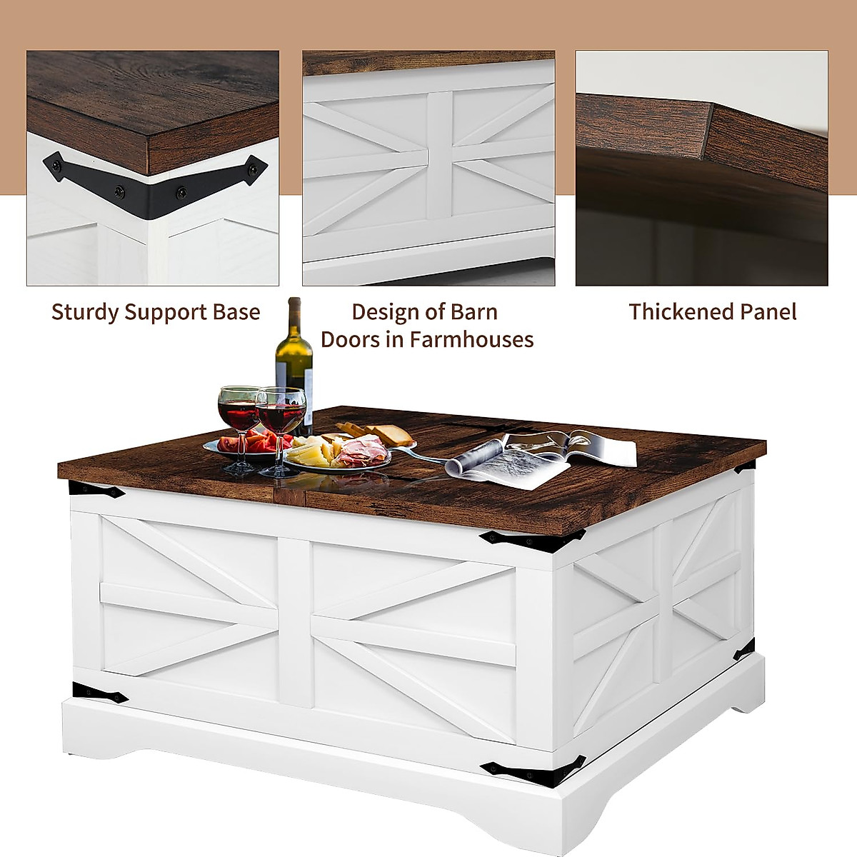 oneinmil Modern Farmhouse Coffee Table, Square Wood Center Table with Large Storage Space, Metal Corners, Z Shape, White