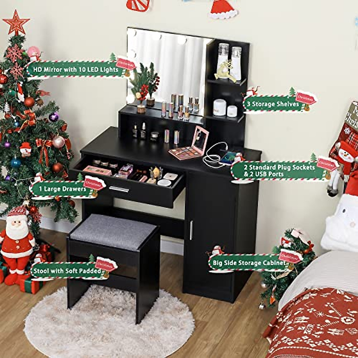 USIKEY Vanity Table Set with Lighted Mirror & Charging Station, Makeup Vanity Table with 1 Drawer, 1 Storage Cabinet, 10 LED Lights, Dressing Tables Vanity Desk with Cushioned Stool for Bedroom, Black