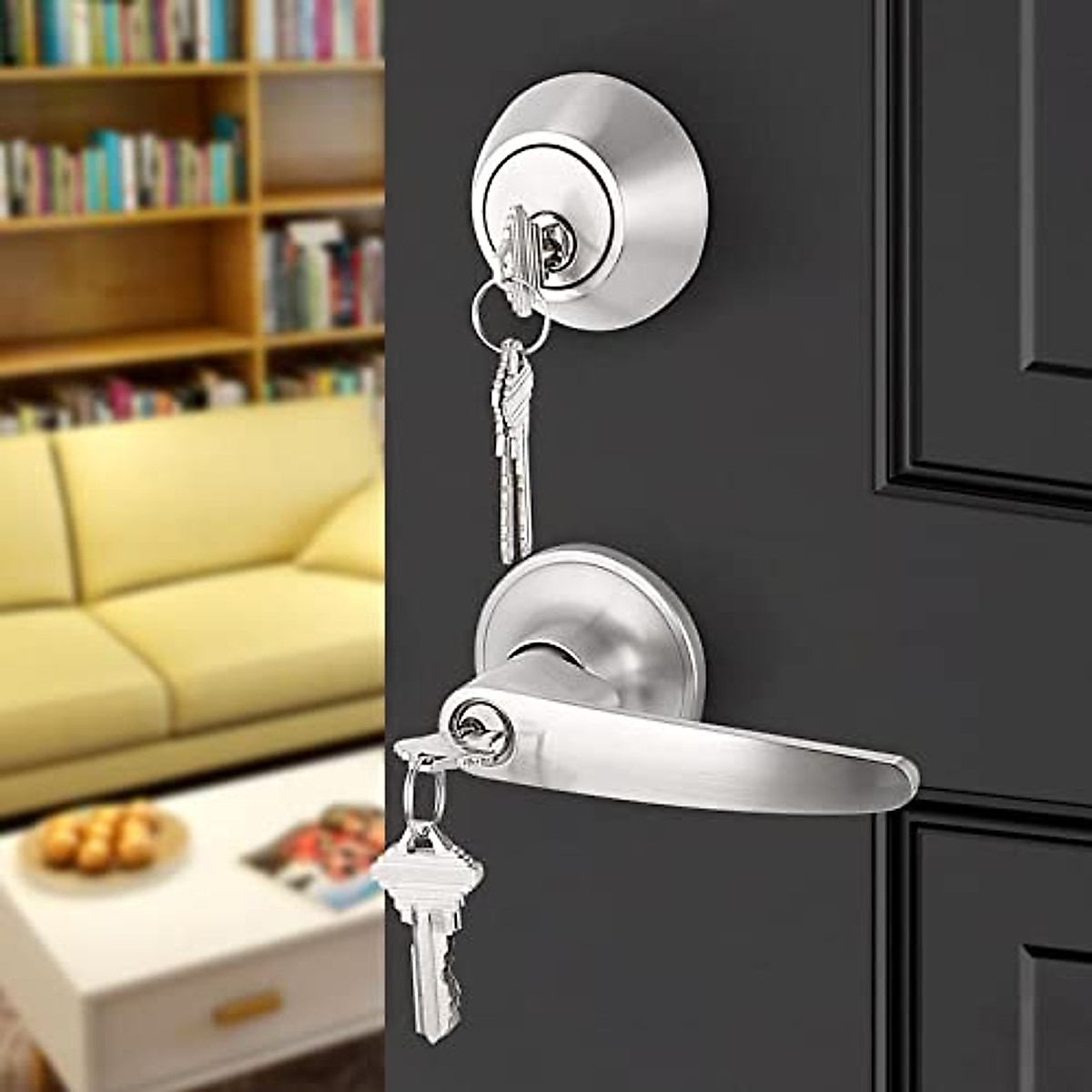 Probrico 2 Pack Door Handles Lever with Double Cylinder Deadbolts Combo, Keyed Alike Entry Door Knobs Handleset Lockset Leverset, Brushed Satin Nickel