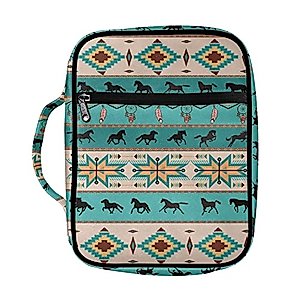 Coloranimal Southwestern Aztec Native Navajo Horse Print Bible Bags with Handle Zippered Pocket Carrying Book Bible Covers for Women Carrier Tote Bags Purse