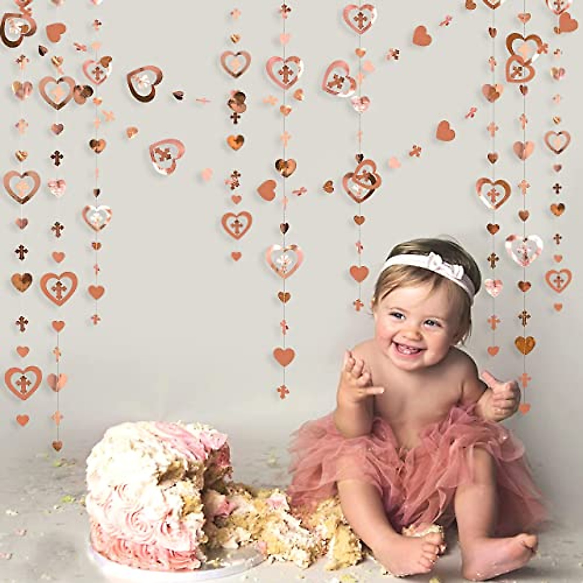 40 Ft Rose Gold Cross Heart Garlands 3D Hanging Paper Streamer for First Holy Communion Religious Christian Baptism Wedding Bridal Baby Shower Birthday Anniversary Engagement Party Decoration Supplies