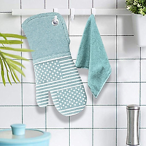 Yarn-Dyed Oven Mitts Silicone Printing and Kitchen Towels 4 pcs Set, Heat Resistant to 470 Degree, Non-Slip Kitchen Gloves/Pot Holders for Cooking Barbecue and Machine Washable (Khaki Oven Mitts)