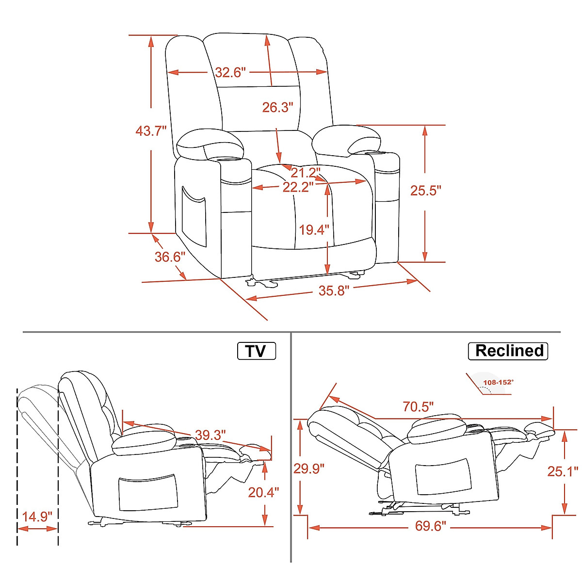 MCombo Electric Power Recliner Chair with Heat and Massage, USB Ports, Cup Holders, Powered Reclining for Living Room 6079 (Navy Blue Medium 22.2" Seat Width)