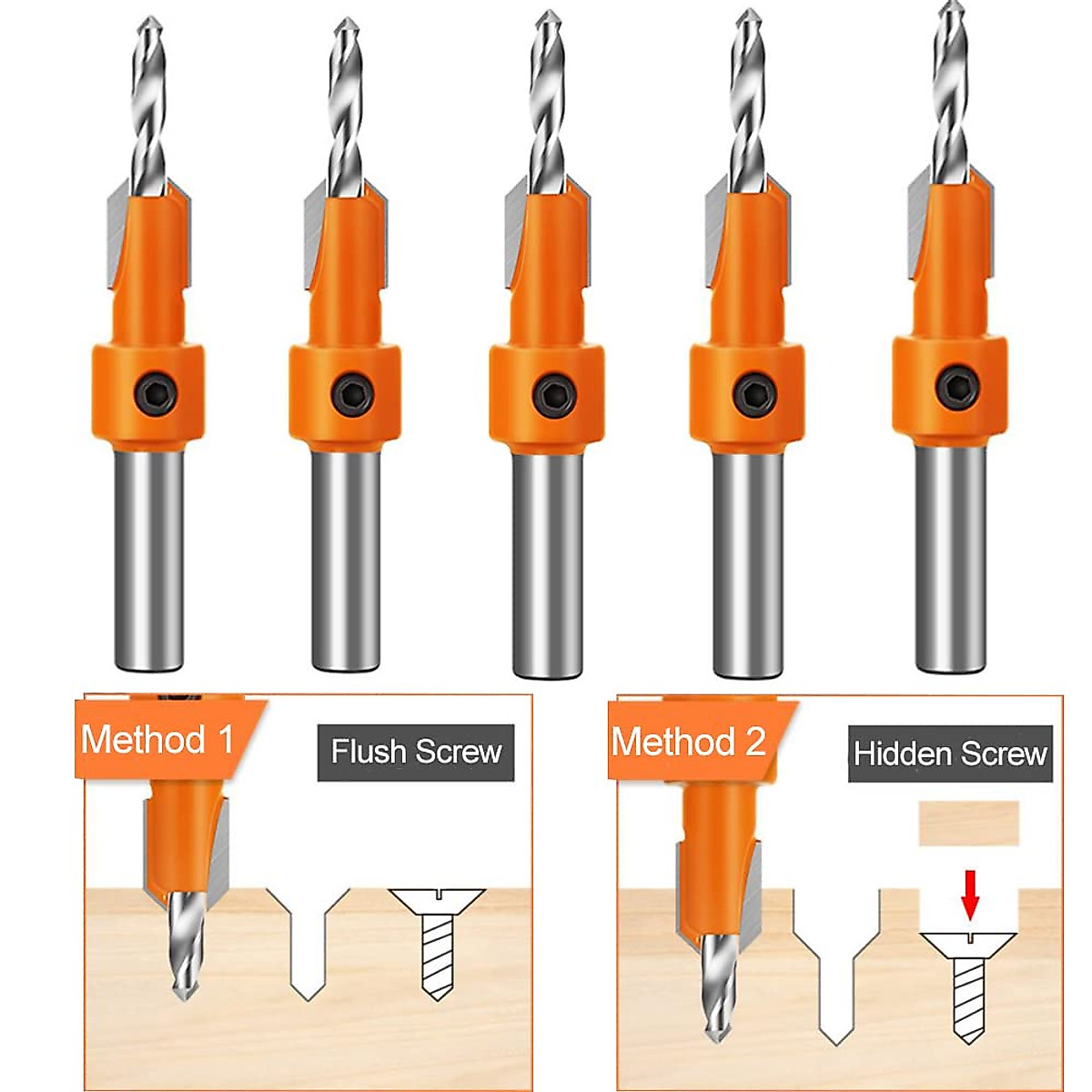 ASNOMY 10Pcs Wood Countersink Drill Bit Set, 5Pcs Countersink Drill Bit with 5Pcs Extra Pilot Drill bit, Tapered Drill Bits with 5/16" Round Shank, Counter Sinker Drill Bit Set for Woodworking