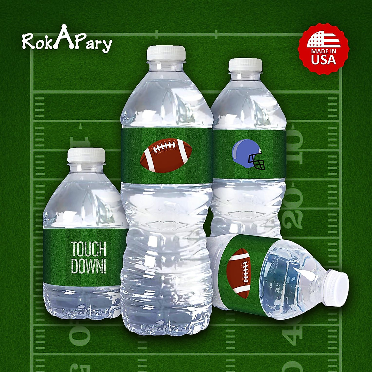 25 Sports Football Water Bottle Labels, Waterproof Water Bottle Wrappers, Great Stickers for Birthday Party, Baby Shower, Wedding, Graduation, or Any Family Event Decorations, Made in USA