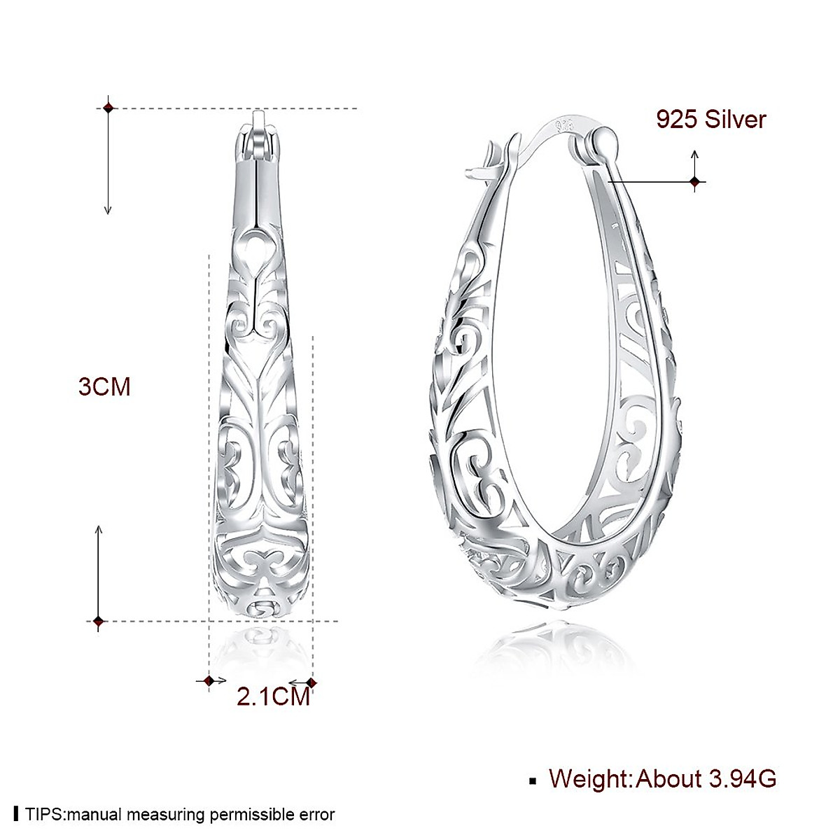 NewZenro Vintage Filigree 925 Sterling Silver Small Hoop Earrings for Women Girls Fashion Oval Hollow-out Texture Flower Dainty Huggie Hoops Hypoallergenic Pierced Jewelry Gifts