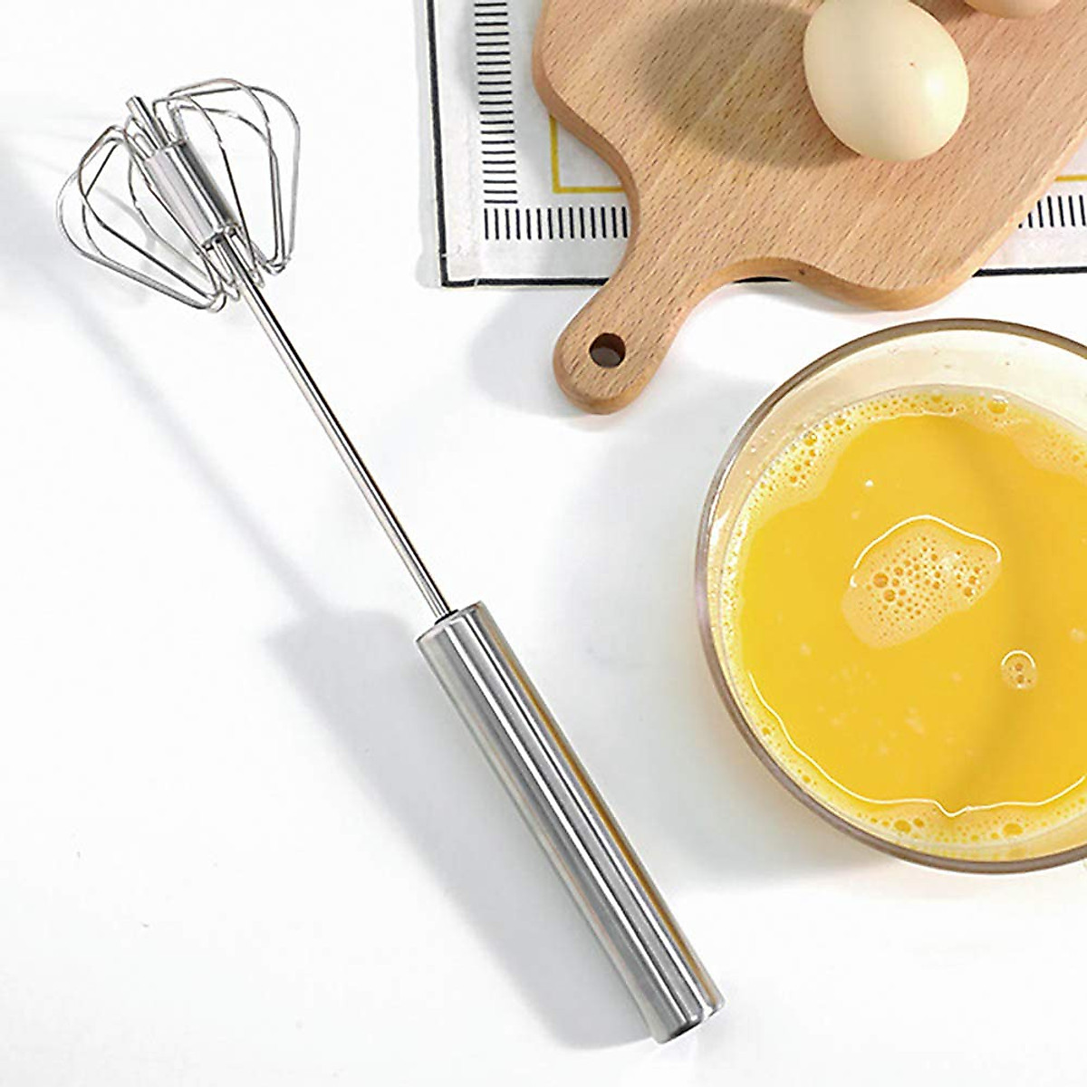 Stainless Steel Hand Push Egg Beater Mixer Home Kitchen Whisk Milk Frother Cooking Utensils Gadgets Blending Beating Stirring Semi Automatic Tool (1Pcs-Length 12, 35-Stainless)