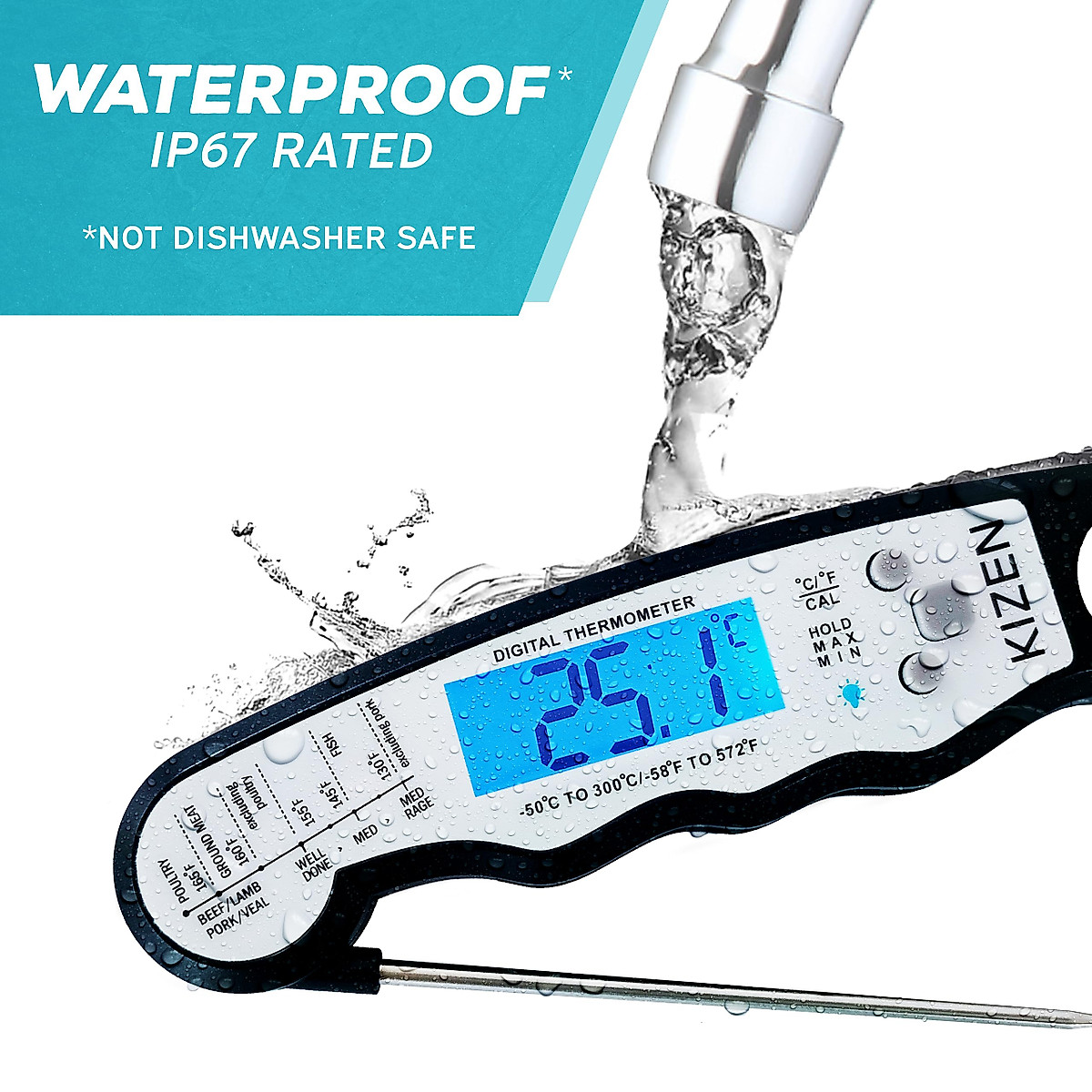 KIZEN Digital Meat Thermometer with Probe - Waterproof, Kitchen Instant Read Food Thermometer for Cooking, Baking, Liquids, Candy, Grilling BBQ & Air Fryer - Black/White