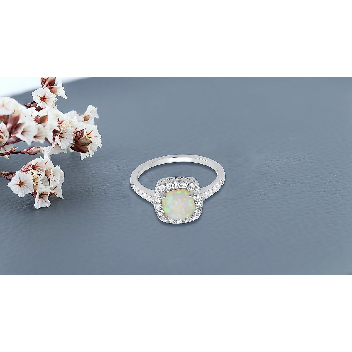 Dazzlingrock Collection 7 mm Cushion Lab Created Opal & Round White Sapphire Women Halo Style Vintage Traditional Engagement Ring | 925 Sterling Silver, Size 8