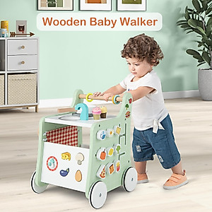 HONEY JOY Baby Push Walker, 6-in-1 Wooden Play Kitchen Walker Activity Center w/Shape Sorter, Develop Motor Skills & Creativity, Push Toys for Babies Learning to Walk, Gift for Boys and Girls