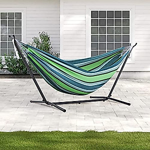 OUTDOOR WIND 550lbs Capacity Double Hammock Adjustable Hammock Bed with 10ft Heavy Duty Steel Stand Includes Portable Carrying Case, Easy Set up
