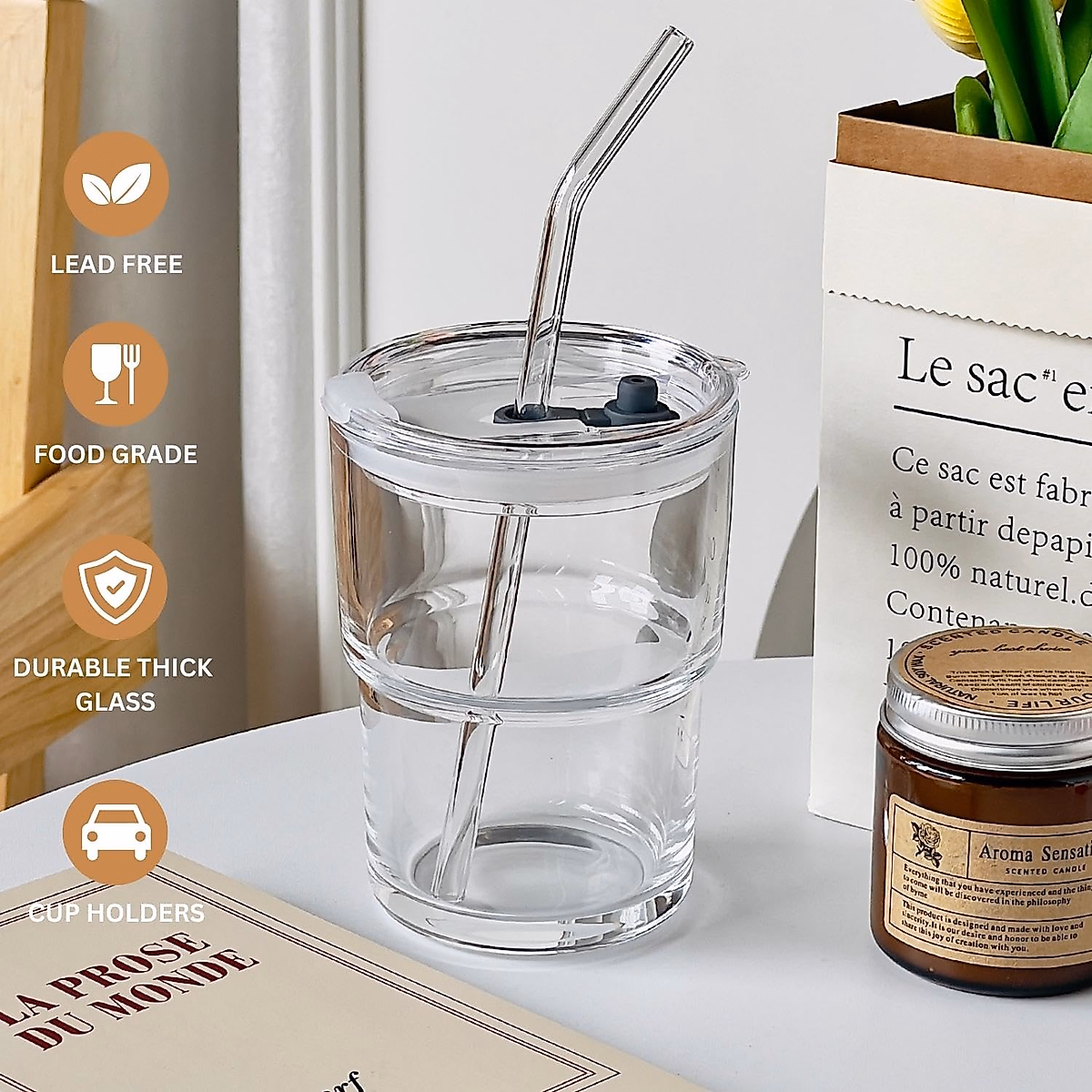 Olvini 13oz Glass Tumbler with Glass Straw and Lid, Iced Coffee Cups Reusable, Water Cup, Coffee Tumbler, Glass Coffee Mugs, Drinking Glass Cups (Bon Appétit)